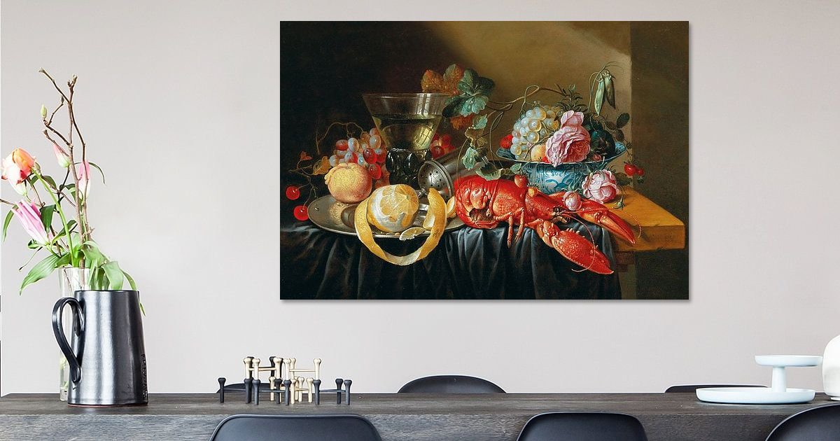 Een stilleven met fruit en een gekookte kreeft, Cornelis Mahu op canvas ...