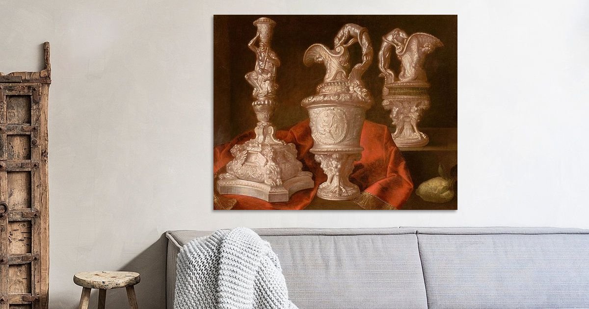 Stilleven met zilveren toorts, Meiffren Conte op canvas, behang, poster ...
