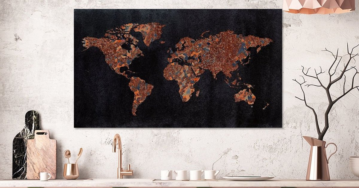 World map | Rust with three structures by WereldkaartenShop on canvas ...
