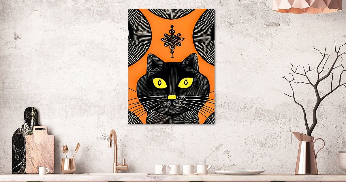 Decoratieve zwarte kat met orange achtergrond - digitale illustratie ...