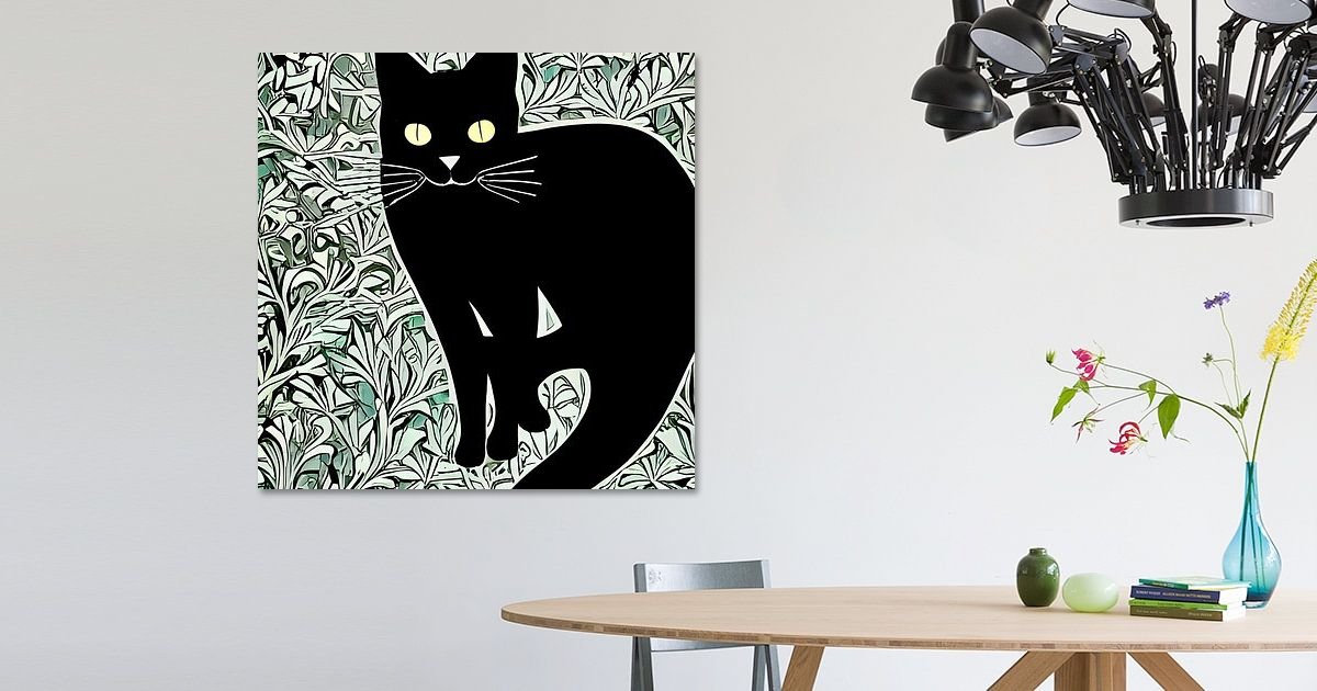 Zwarte kat tussen groene planten - decoratieve illustratie van zware ...