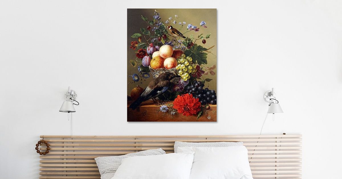 Arnoldus Bloemers,Perziken, druiven, pruimen en bloemen in een g op ...