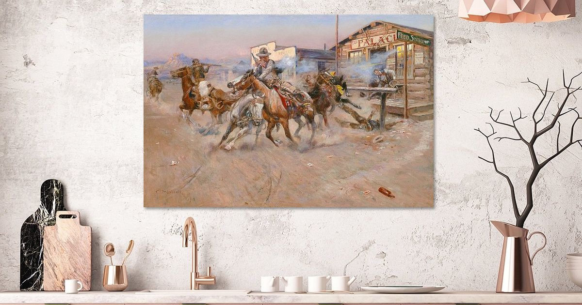 Charles Marion Russell,Rook van een 45 op canvas, behang, poster en meer