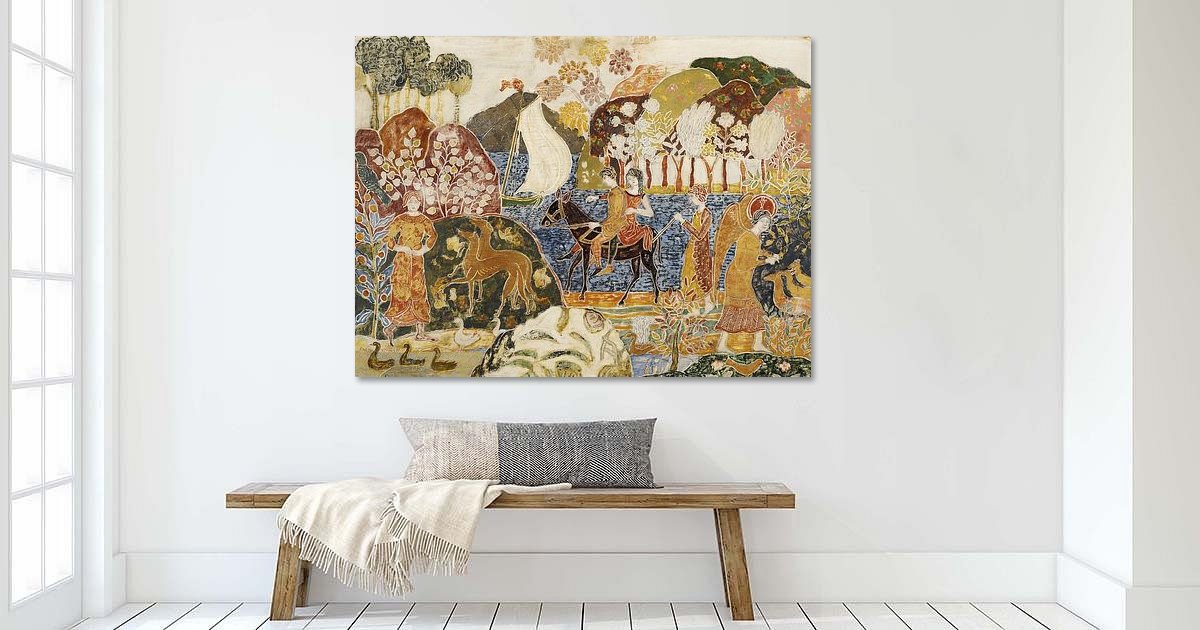 Charles Prendergast,Twee figuren op een muilezel op canvas, behang ...