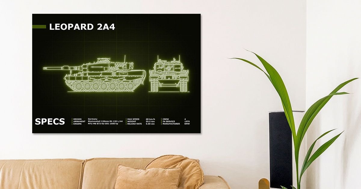 Leopard 2A4 Main Battle Tank Blueprint Gift Neon by Maldure - on canvas ...