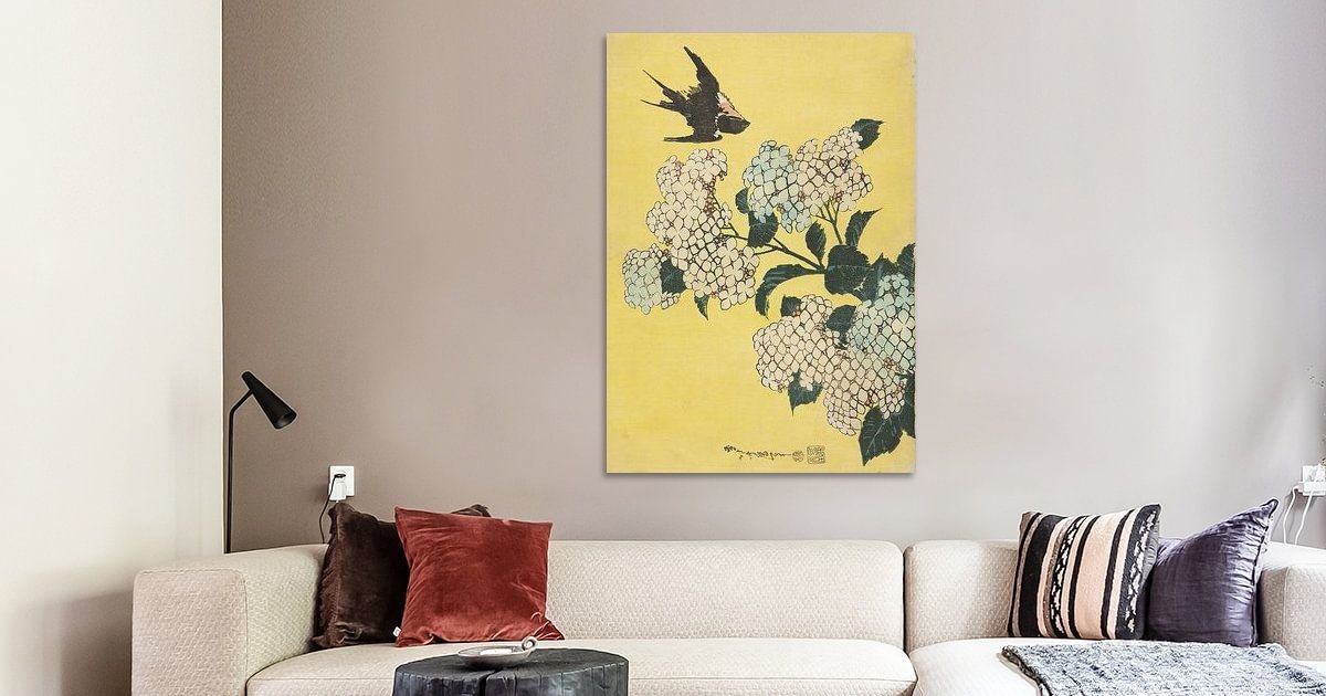 Hortensia en zwaluw, Katsushika Hokusai op canvas, behang, poster en meer