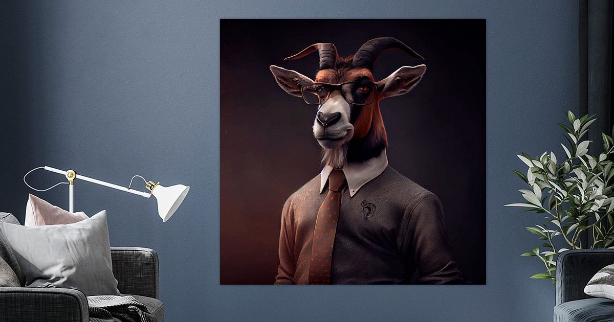 Statig portret van een Geit in een chic pak van Maarten Knops op canvas ...