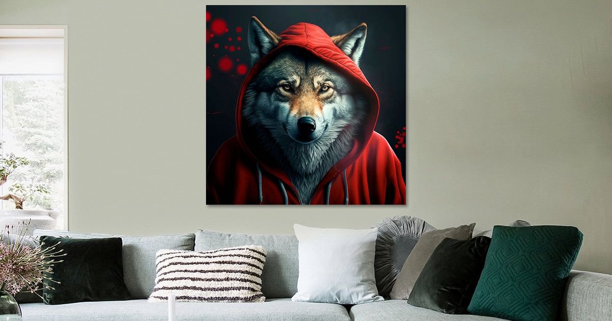 Wolf met een rood kapje van Carla van Zomeren op canvas, behang en meer