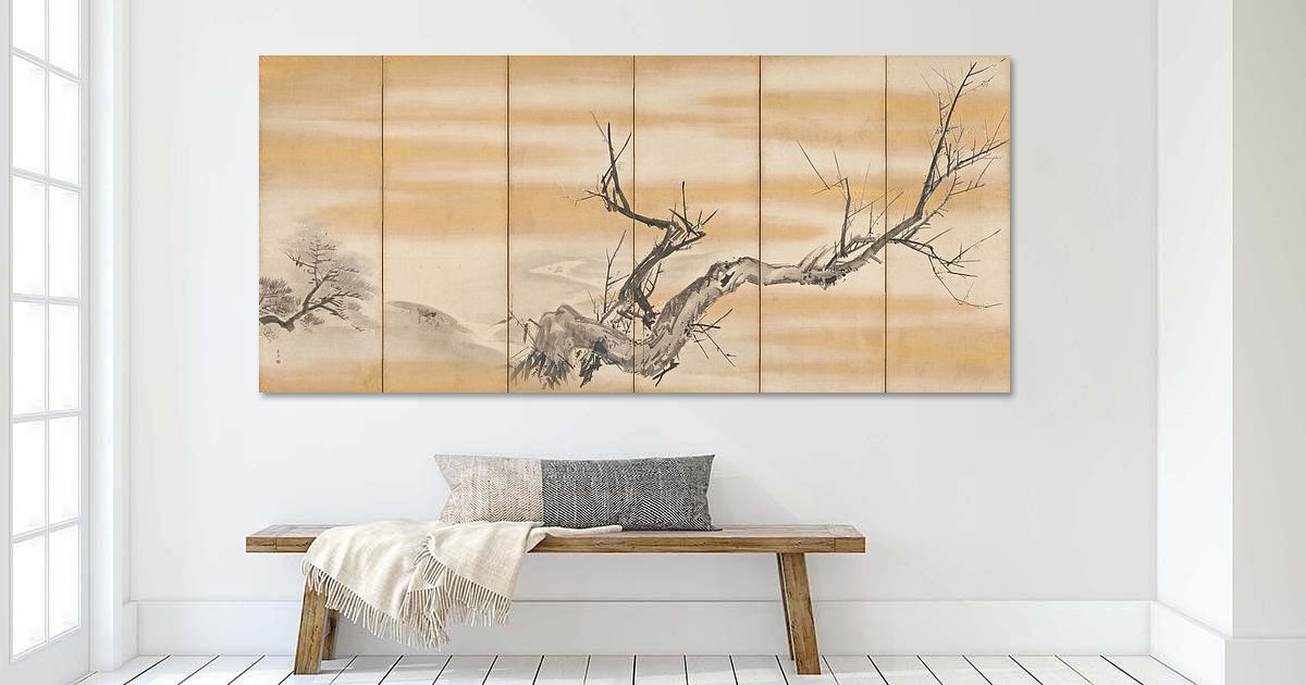 Dennen, bamboe en pruimen, Maruyama Ōkyo op canvas, behang, poster en meer