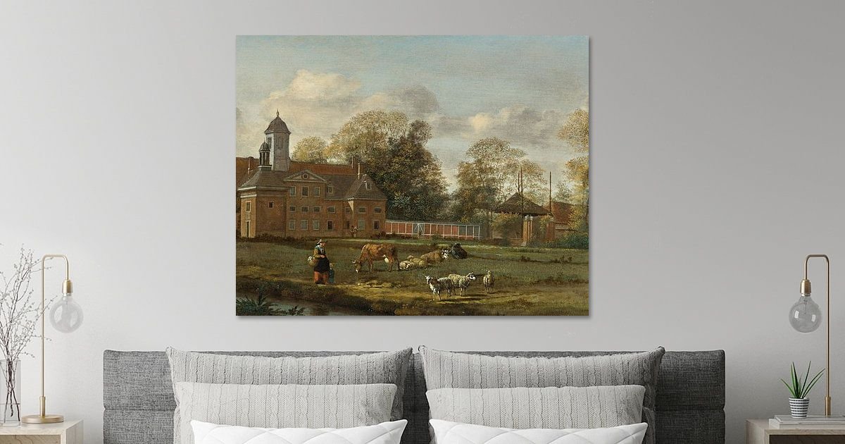 Gezicht op Goudestein met een vrouw en kind lopend langs een dijk, Jan ...