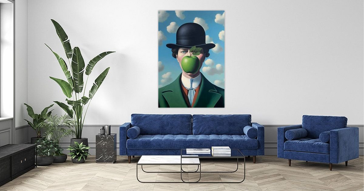 Een vrouwelijke "Son of Man" van Rene Magritte, met bolhoed en appel ...