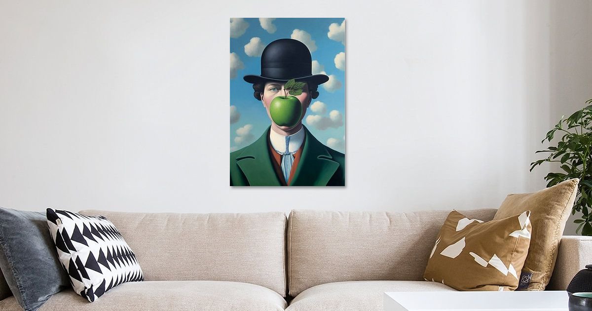 Een vrouwelijke "Son of Man" van Rene Magritte, met bolhoed en appel ...