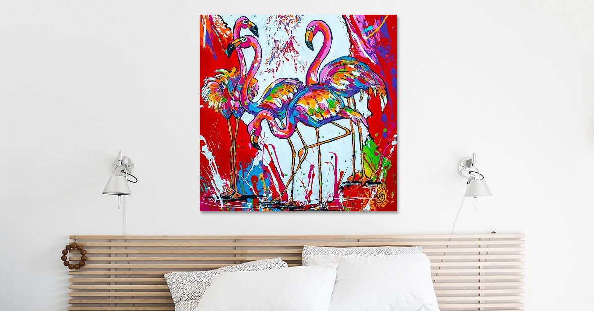 Flamingo's in rood van Happy Paintings / Renata Rolefes op canvas ...