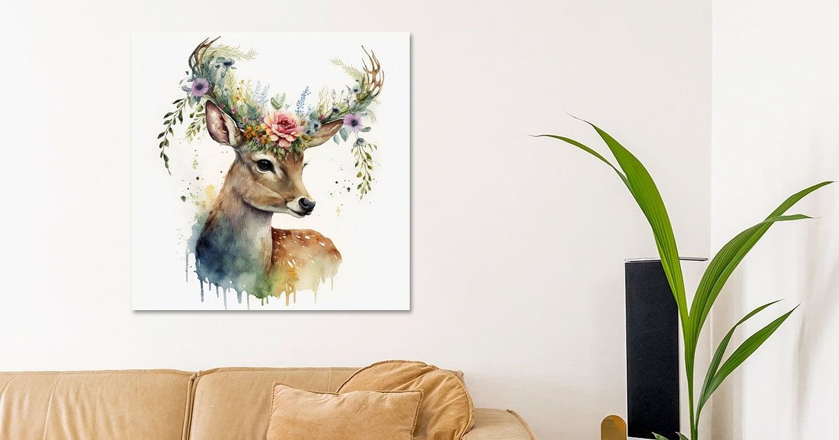 Een aquarel van het hert met bloemen in het gewei van Vlindertuin Art ...