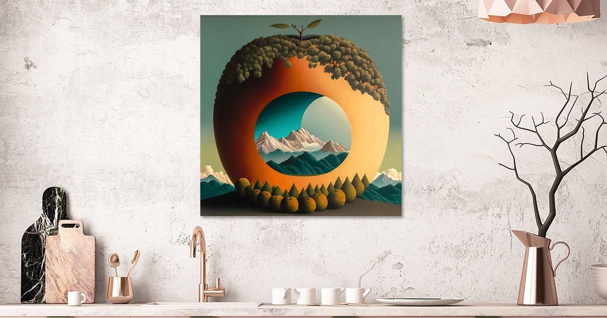 A mountain landscape in an apple, surrealism by Roger VDB on canvas ...