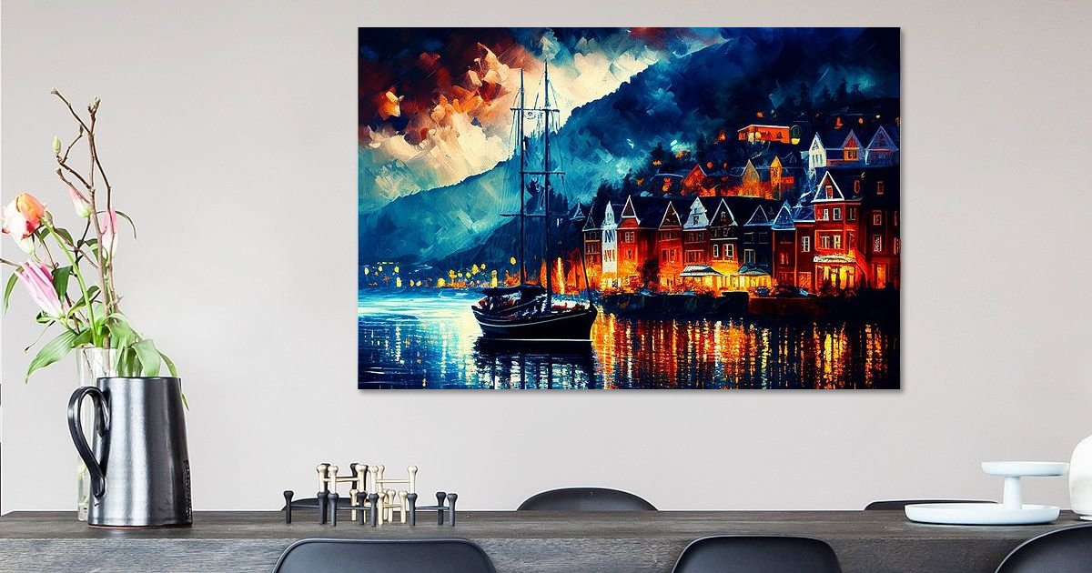 Bergen, stad in Noorwegen. Stijl Afremov van Jan Bechtum op canvas ...