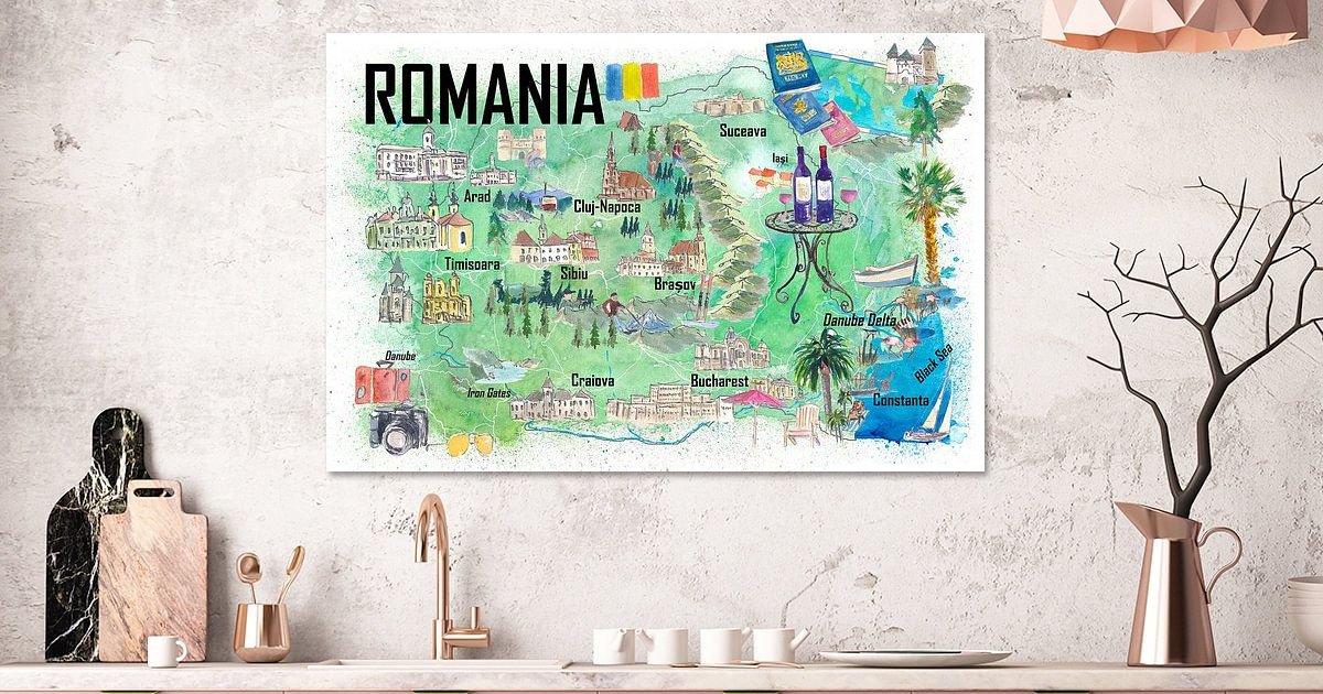 Romania Illustrated Travel Map with Roads and Tourist Highlights by ...