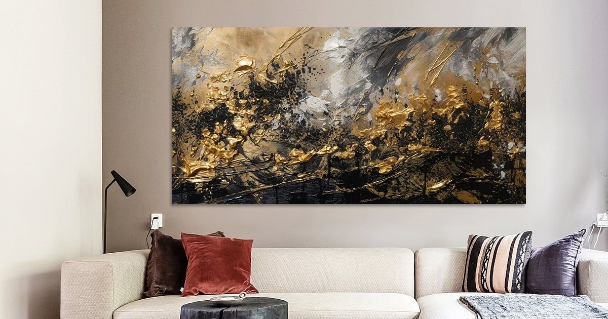 Goud en Zwart Schilderij | Langwerpig | Groot Schilderij Woonkamer van ...