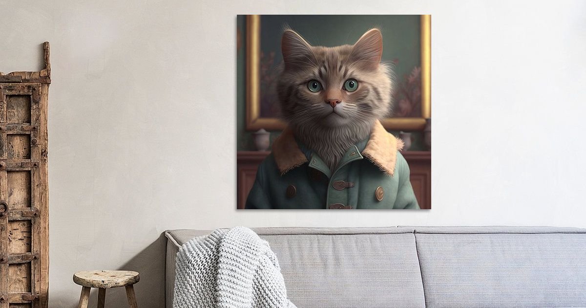 Cool cat, lapjeskat in matte kleuren van Studio Allee op canvas, behang ...