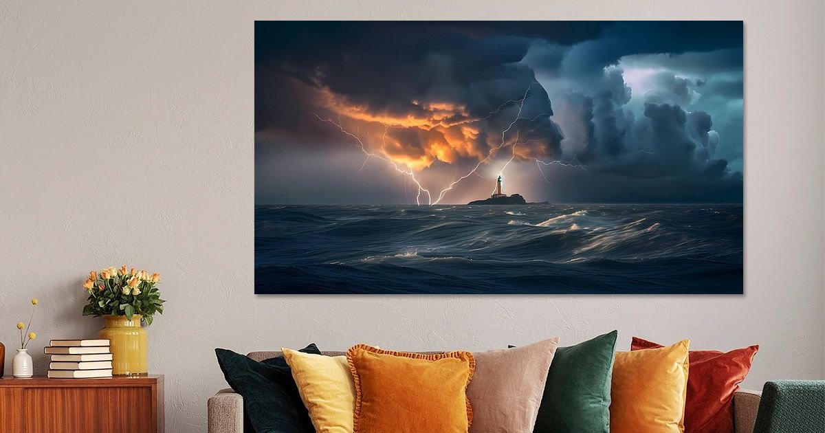 De vuurtoren overleeft de woede van een monsterlijke storm op zee van ...