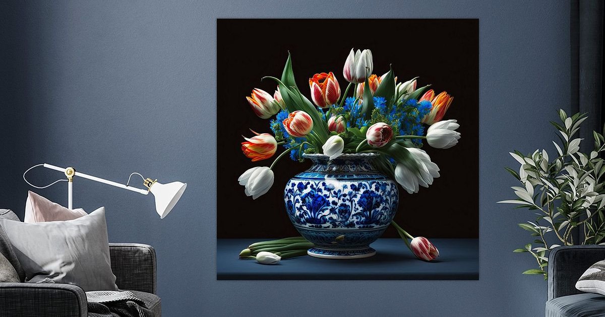 Delfts blauwe vaas met tulpen van Vlindertuin-Art op canvas, behang en meer