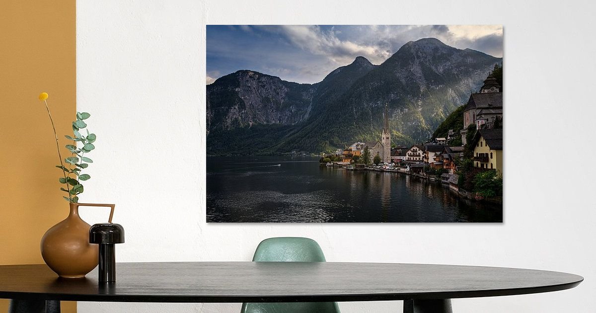 Hallstatt met zonsondergang van Michael Bollen op canvas, behang en meer