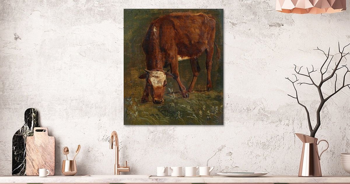 Grazende rode vaars, Johan Thomas Lundbye op canvas, behang, poster en meer