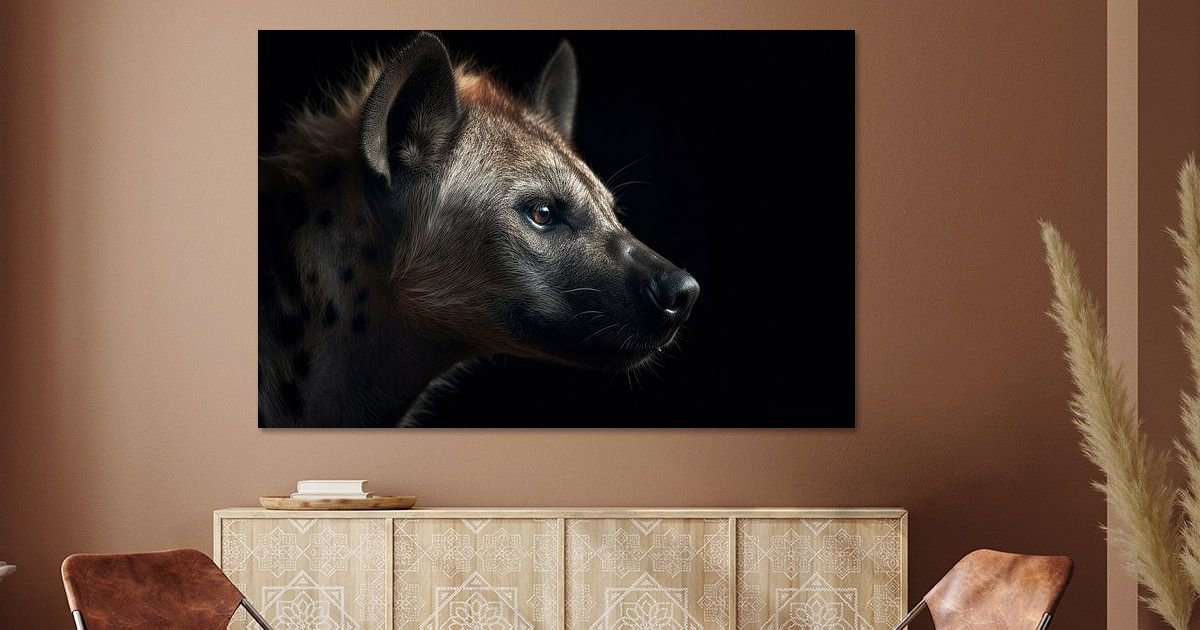 Hyena Portrait Black Background by Digitale Schilderijen on canvas ...