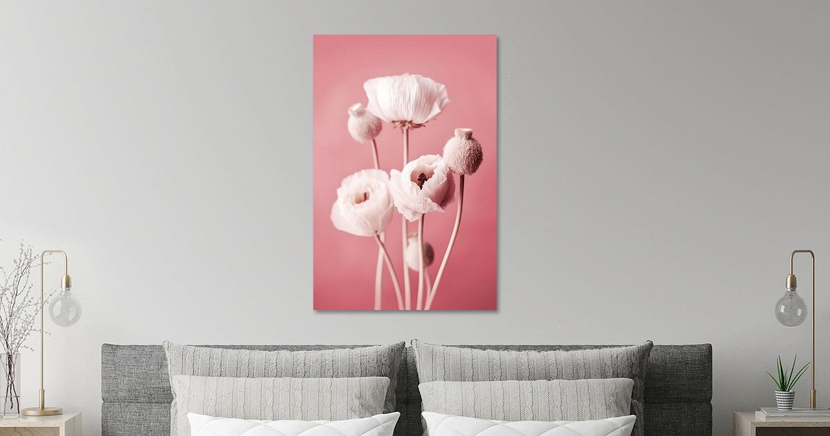 Witte klaproos op roze achtergrond van Treechild op canvas, behang en meer