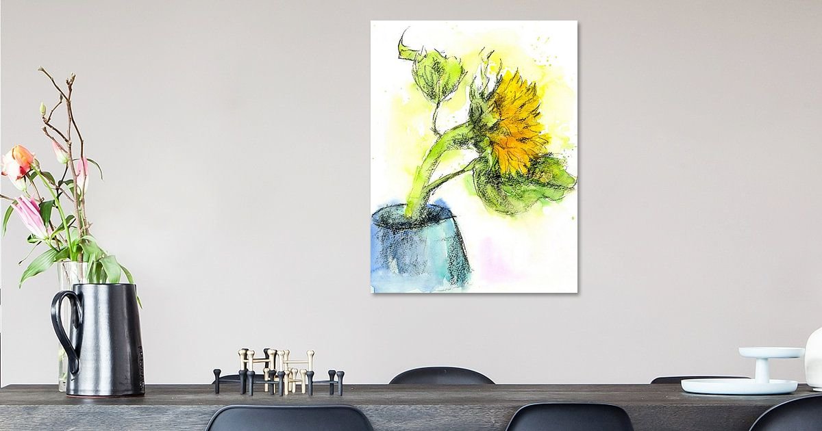 Blauwe vaas met gele zonnebloem Aquarel en houtskool van Karen Kaspar ...