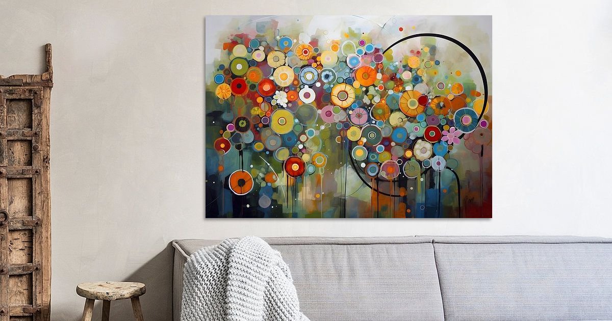 Kleurrijk abstract van cirkels en bloemen van Jan Bechtum op canvas ...