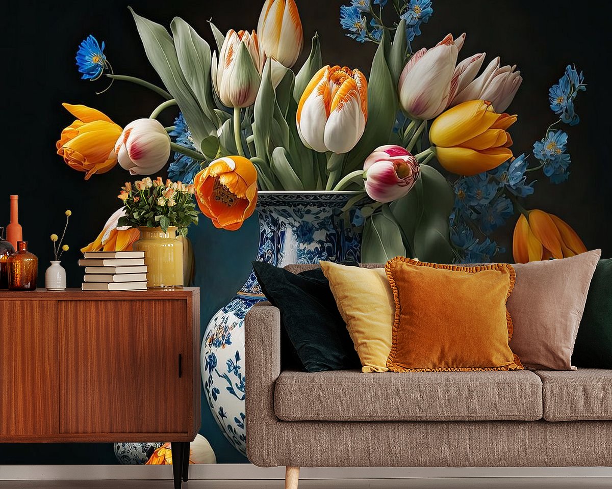 Klassiek versierde vaas met oranje tulpen van Vlindertuin-Art op canvas ...