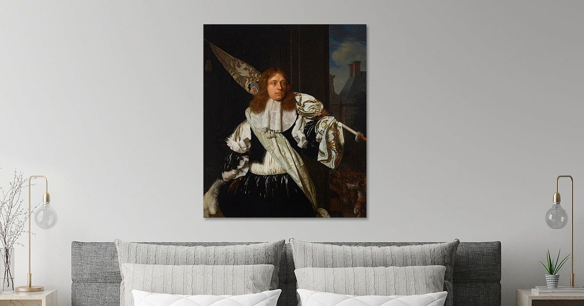 Portret van een vaandeldrager van de Leidse schutterij, Ary de Vois op ...