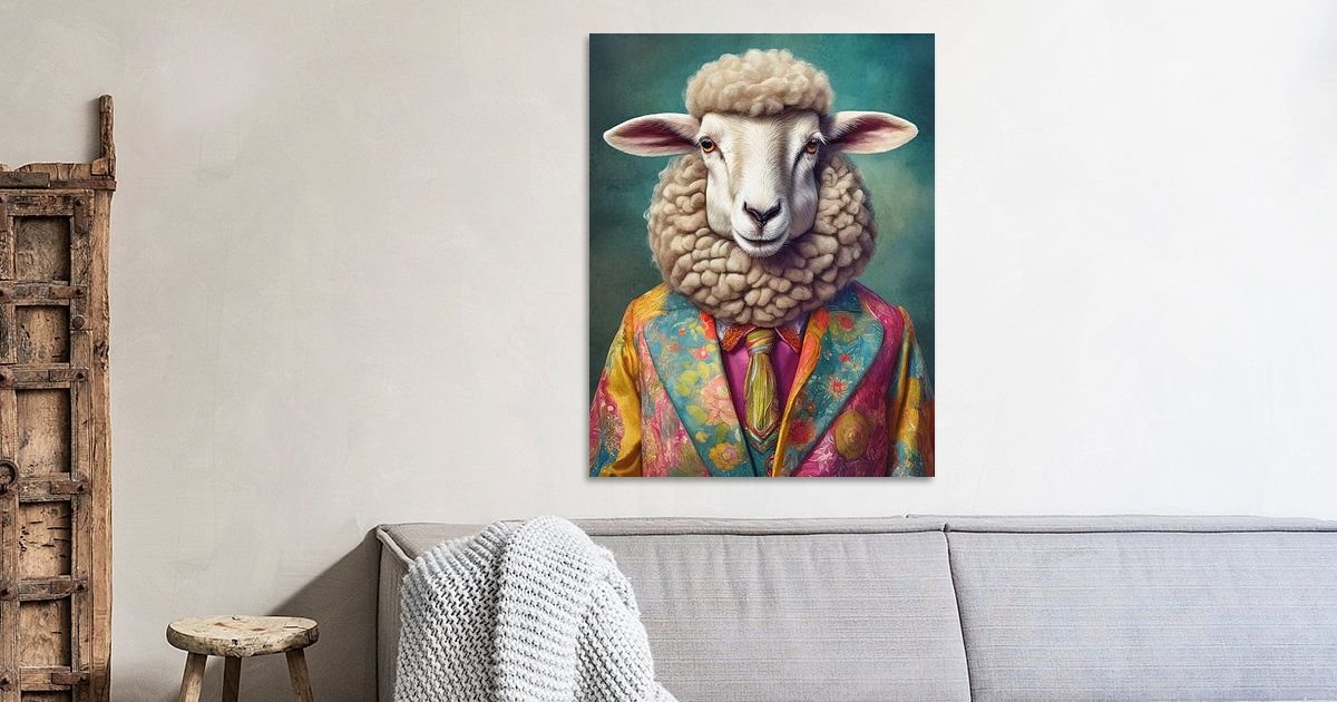 Schaap in Retro Wol Avontuur van Moonheart Artworks op canvas, behang ...