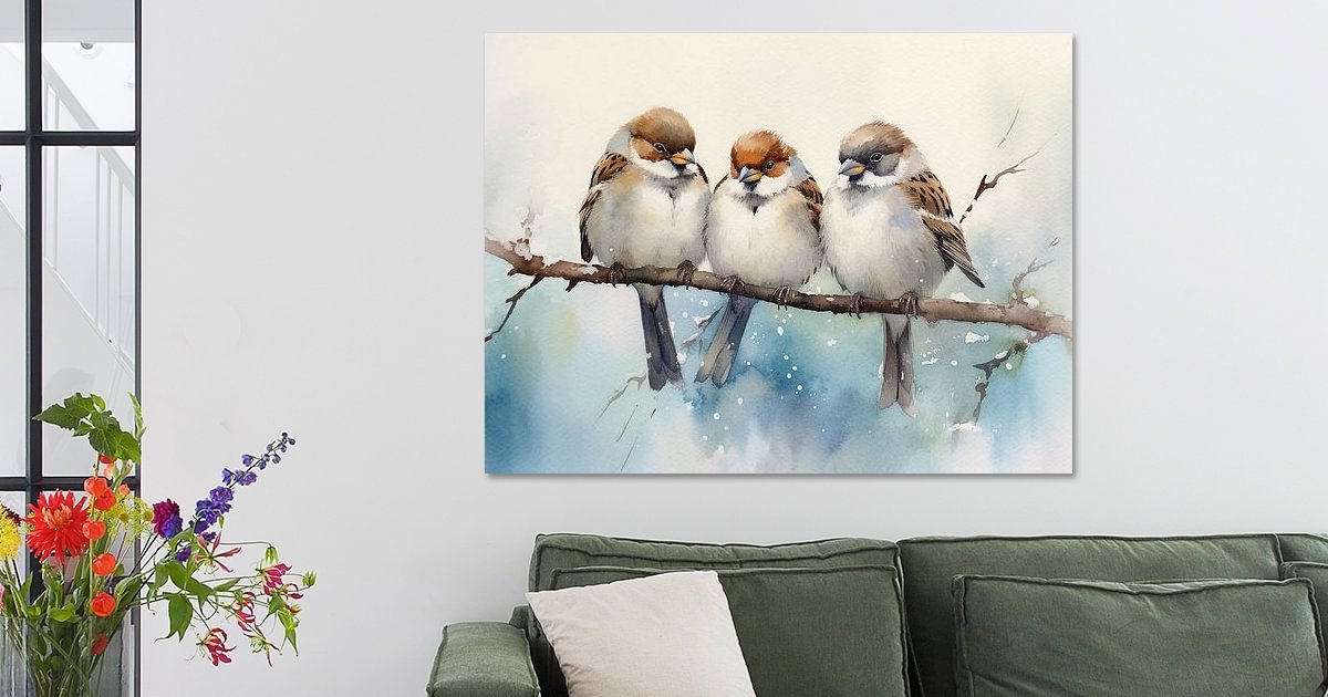 Natuurlijke harmonie (3 musjes op een tak) van Color Square op canvas ...