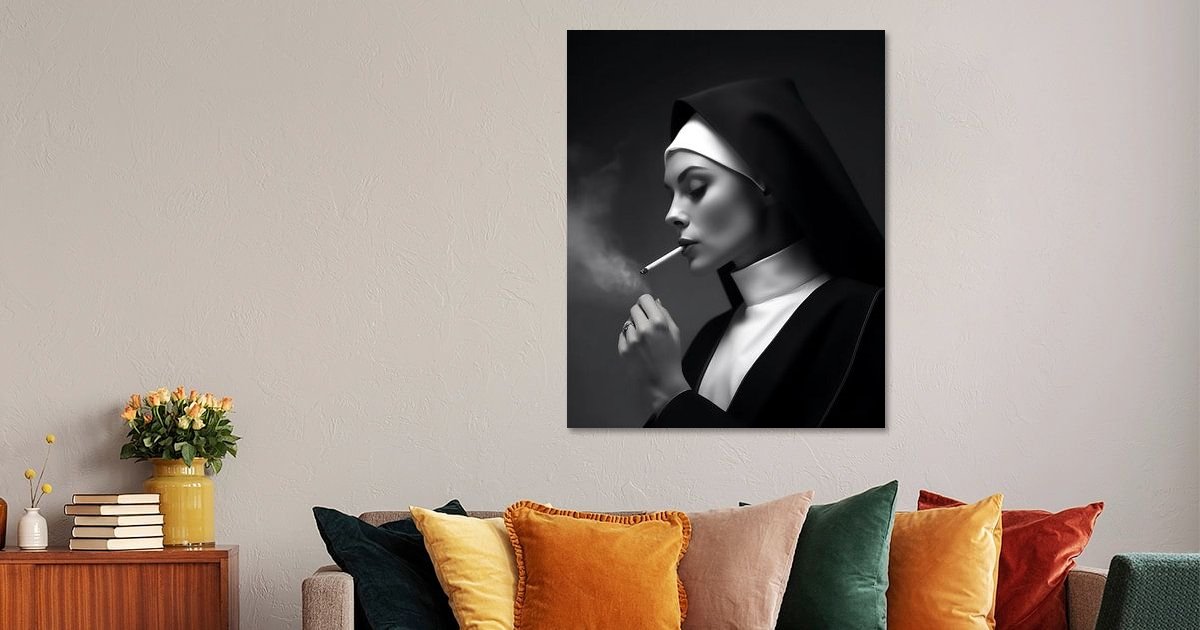 Portrait of a sinful nun with a cigarette by Roger VDB on canvas ...