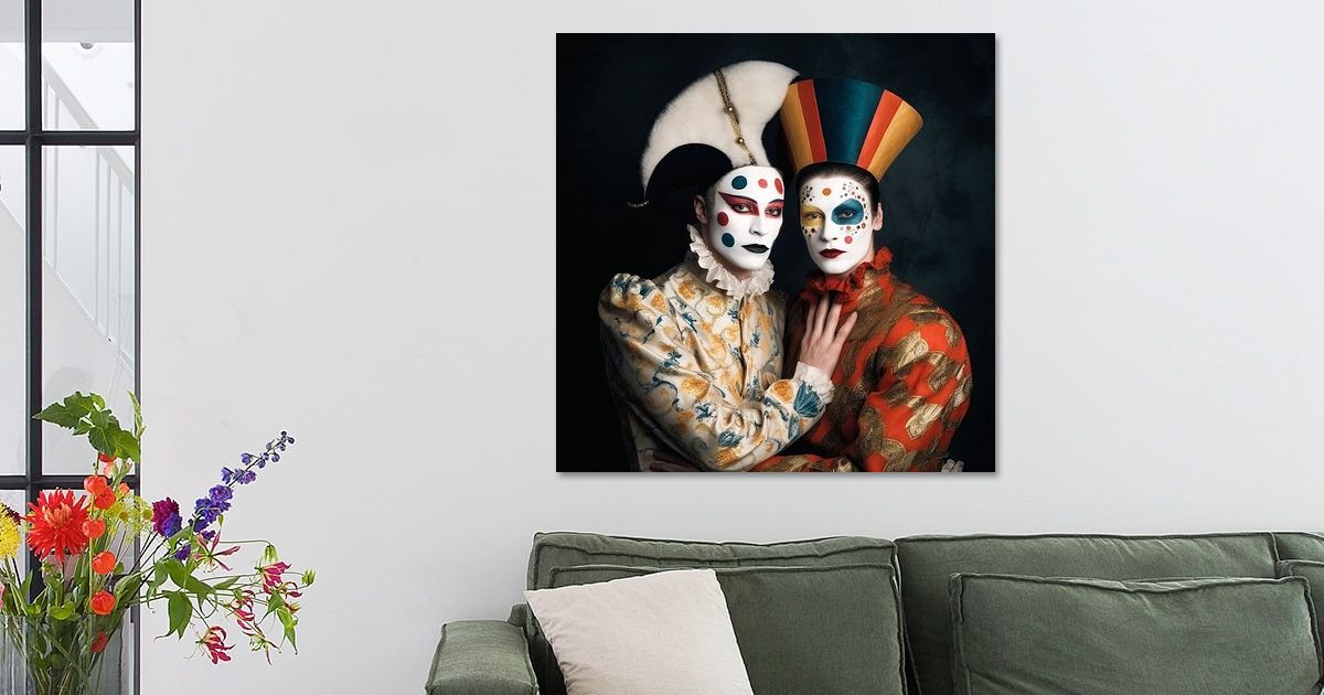 Carnaval portret van twee personen van Vlindertuin-Art op canvas ...