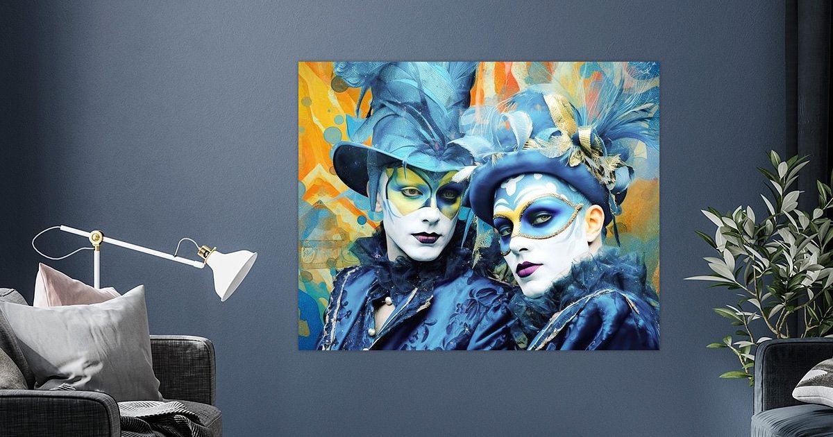 Portret Carnaval in blauw van Vlindertuin-Art op canvas, behang en meer