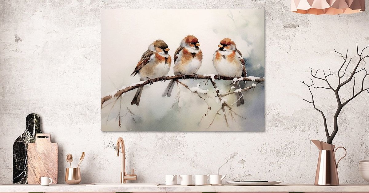 3 musjes op een tak van Color Square op canvas, behang en meer