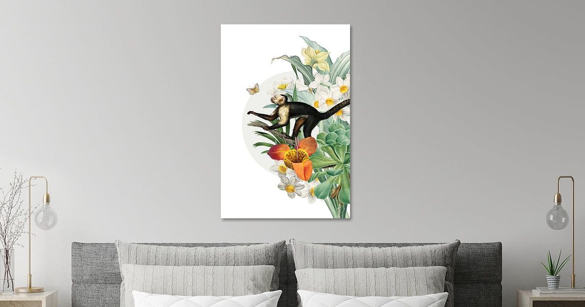 Monkey amongst the Flowers van Marja van den Hurk op canvas, behang en meer