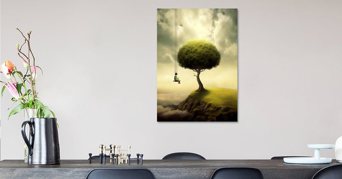 Meisje op schommel, grote boom, surrealisme van Jan Bechtum op canvas ...