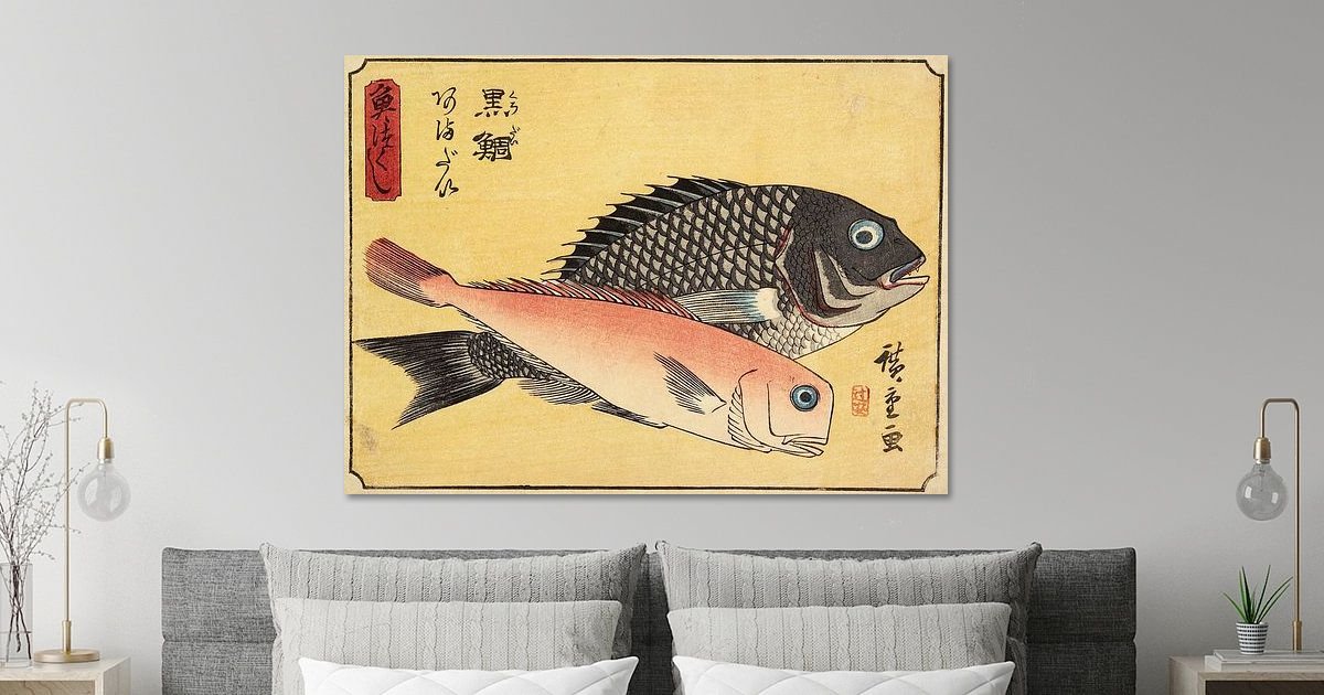 Japanse kunst. Houtsnede ukiyo-e goudbrasem en zeilvis door Utagawa ...