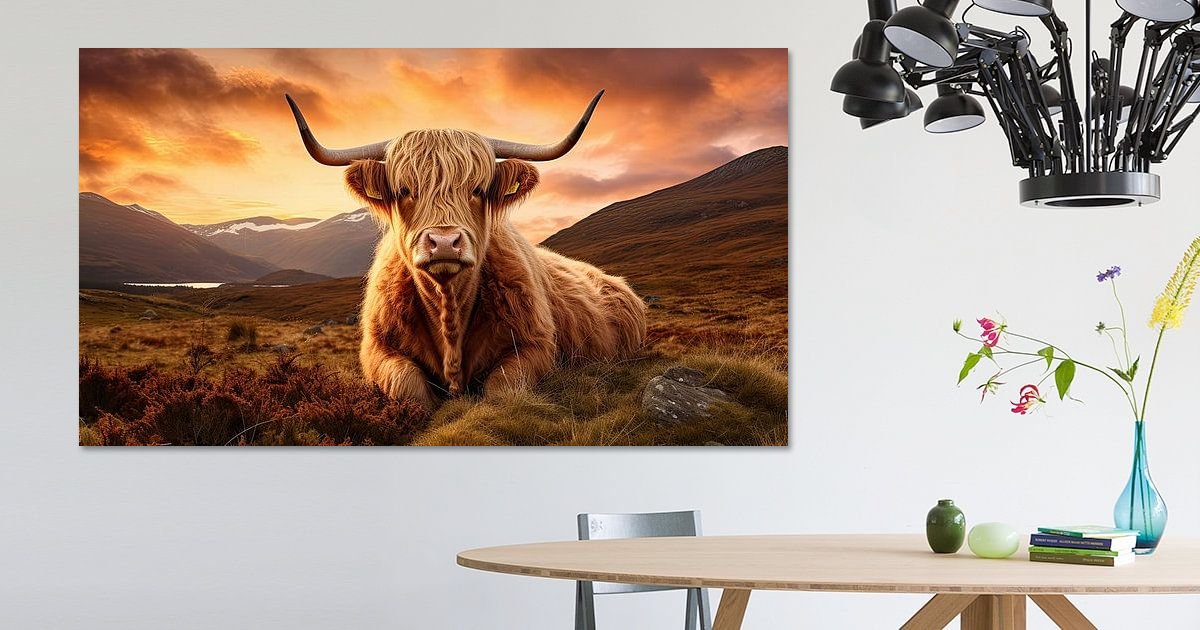 Scottish Highlander cow at sunset by Vlindertuin-Art on canvas, poster ...
