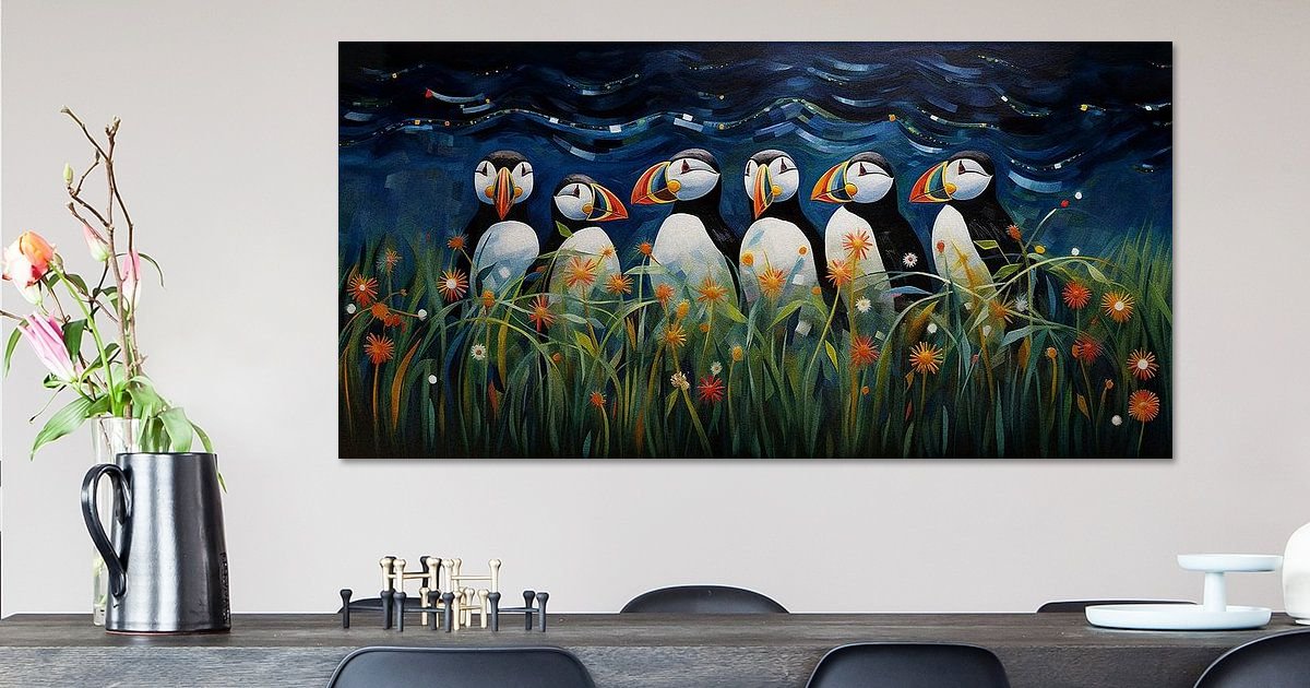 Puffin Gathering van Whale & Sons op canvas, behang en meer