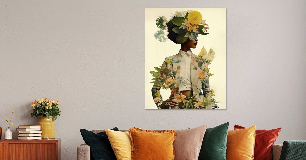 Modern portret in groen en geel tinten van Carla Van Iersel op canvas ...