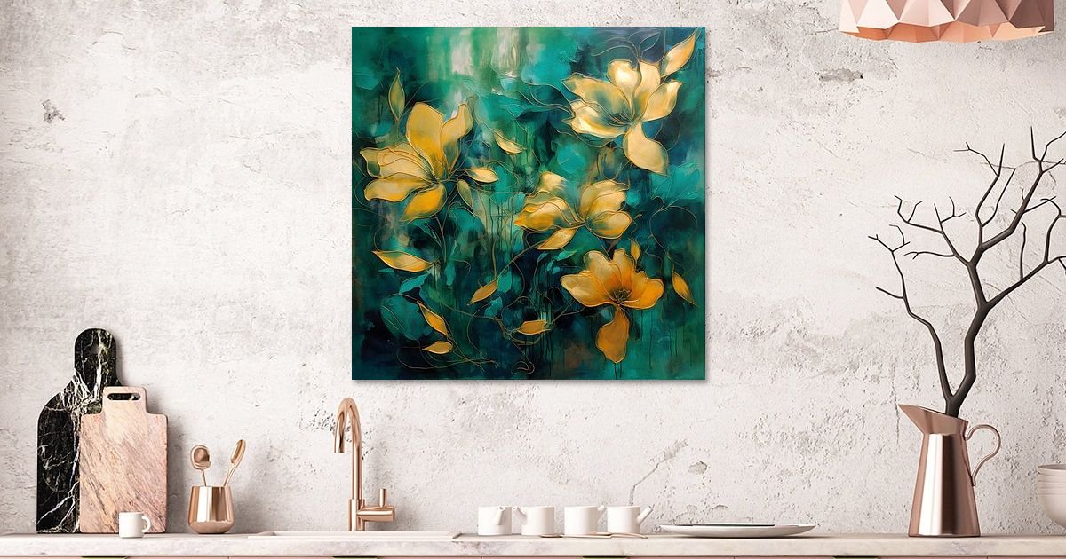 Botanical Brilliance, groen en goud abstract van Jan Bechtum op canvas ...