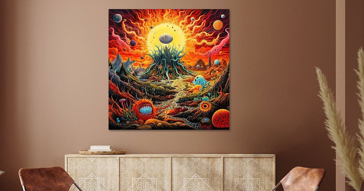 Planeet met vreemde kleurige wezens, psychedelisch, surrealistisch van ...