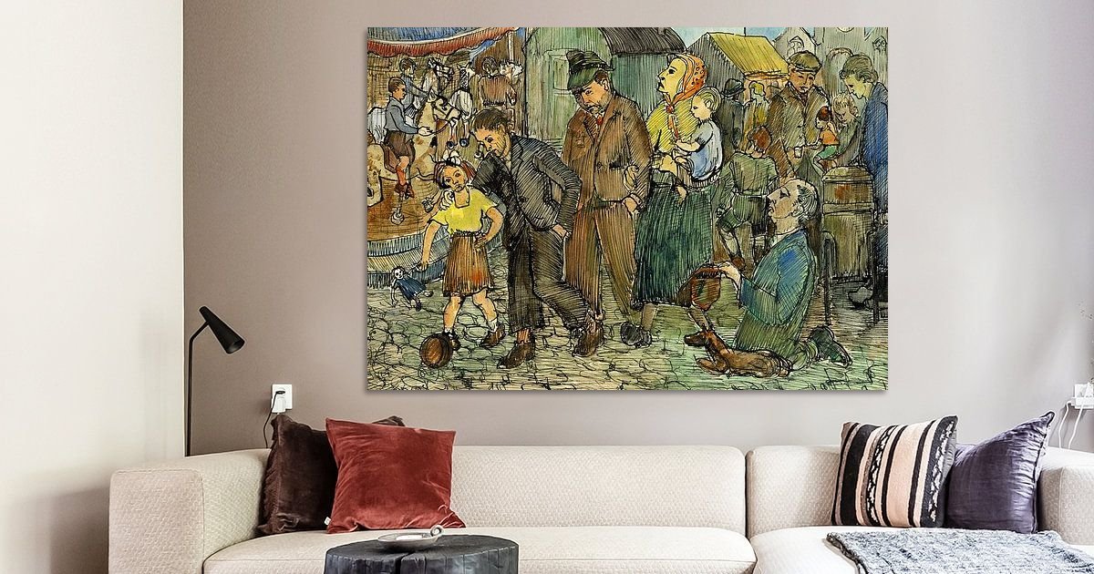 Vlooienmarkt en kermis in de Marollen te Brussel rond 1965 - inkt en ...