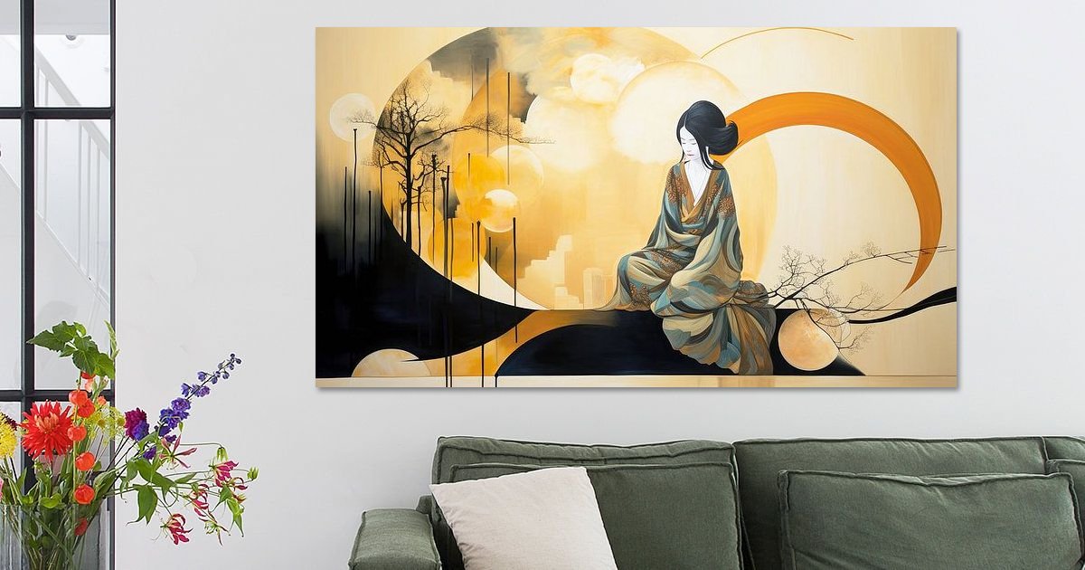 Aziatisch meditatie moment met vrouw van Vlindertuin-Art op canvas ...