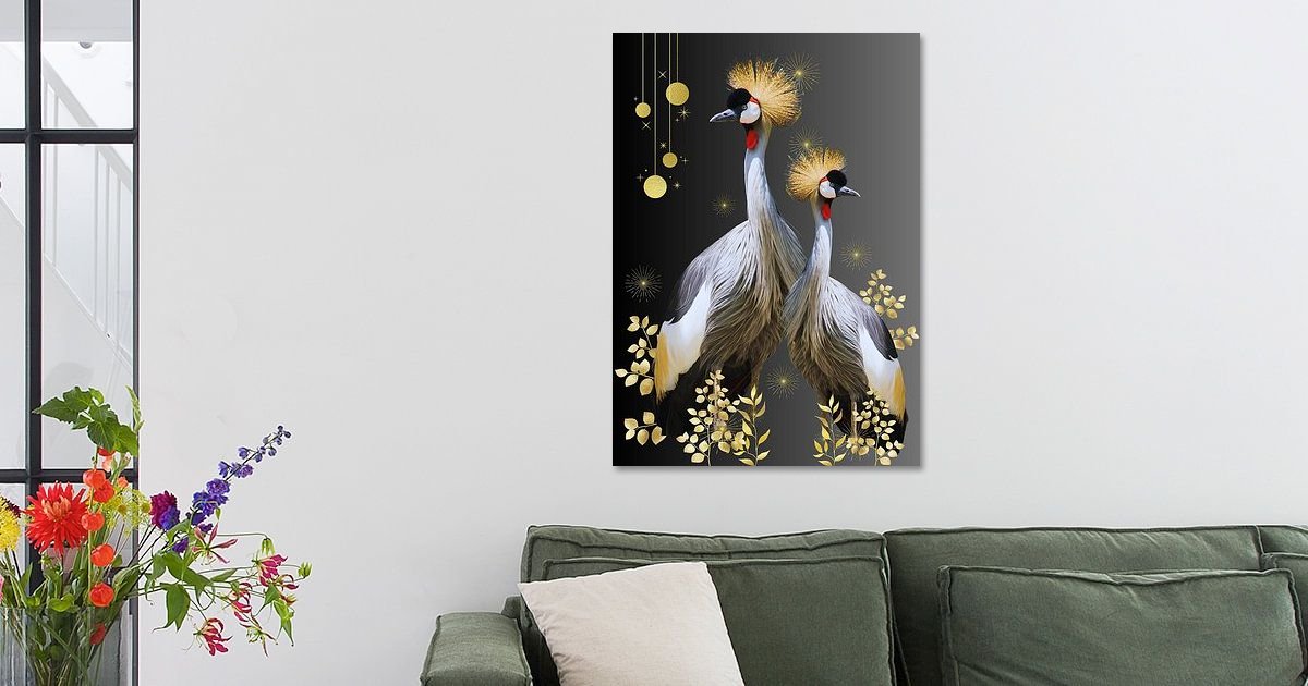 Kraanvogels met gouden kuif van Postergirls op canvas, behang en meer